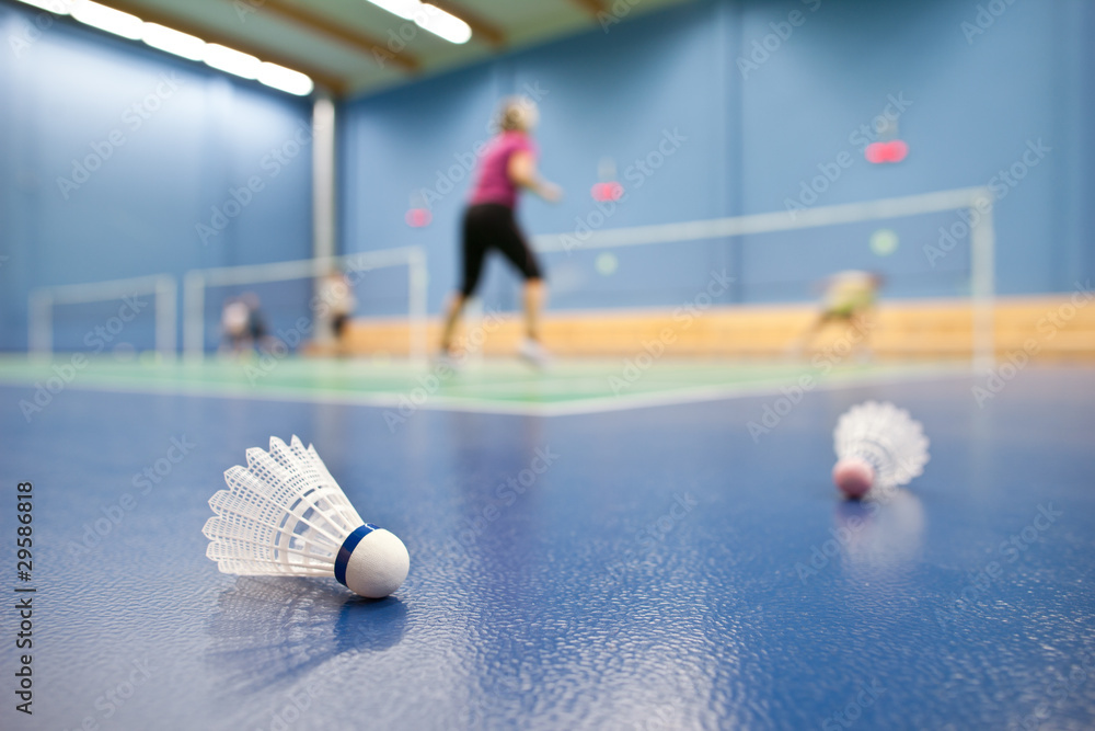 badminton - badminton courts with players competing; shuttlecock Stock ...