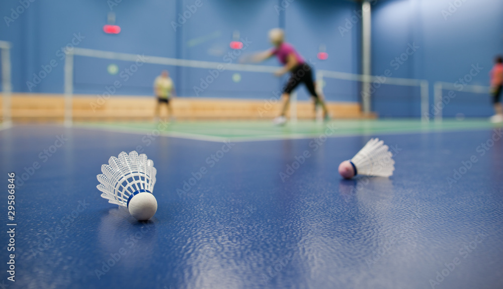 badminton - badminton courts with players competing; shuttlecock Stock ...