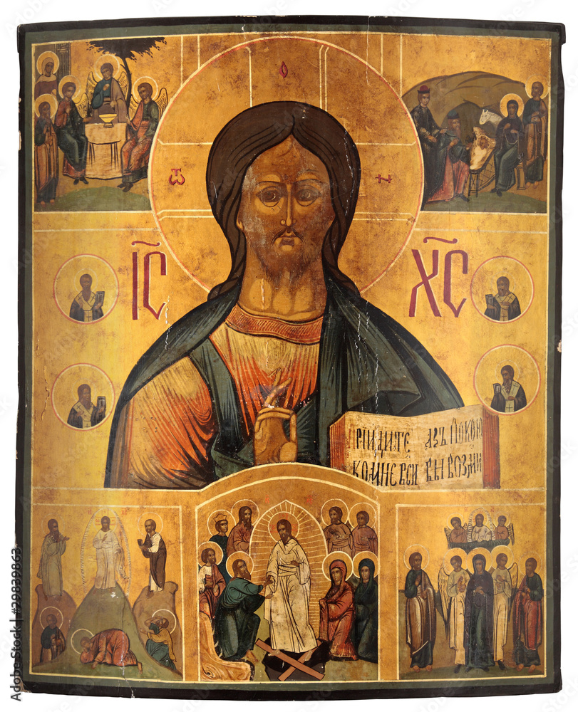 Antique orthodox icon. Jesus Christ with scenes from The Gospel. Stock ...