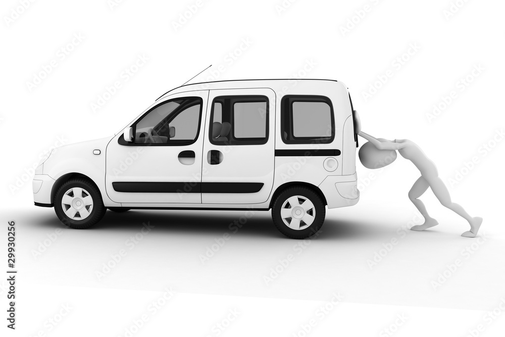 3d man pushing a broken car Stock Illustration | Adobe Stock