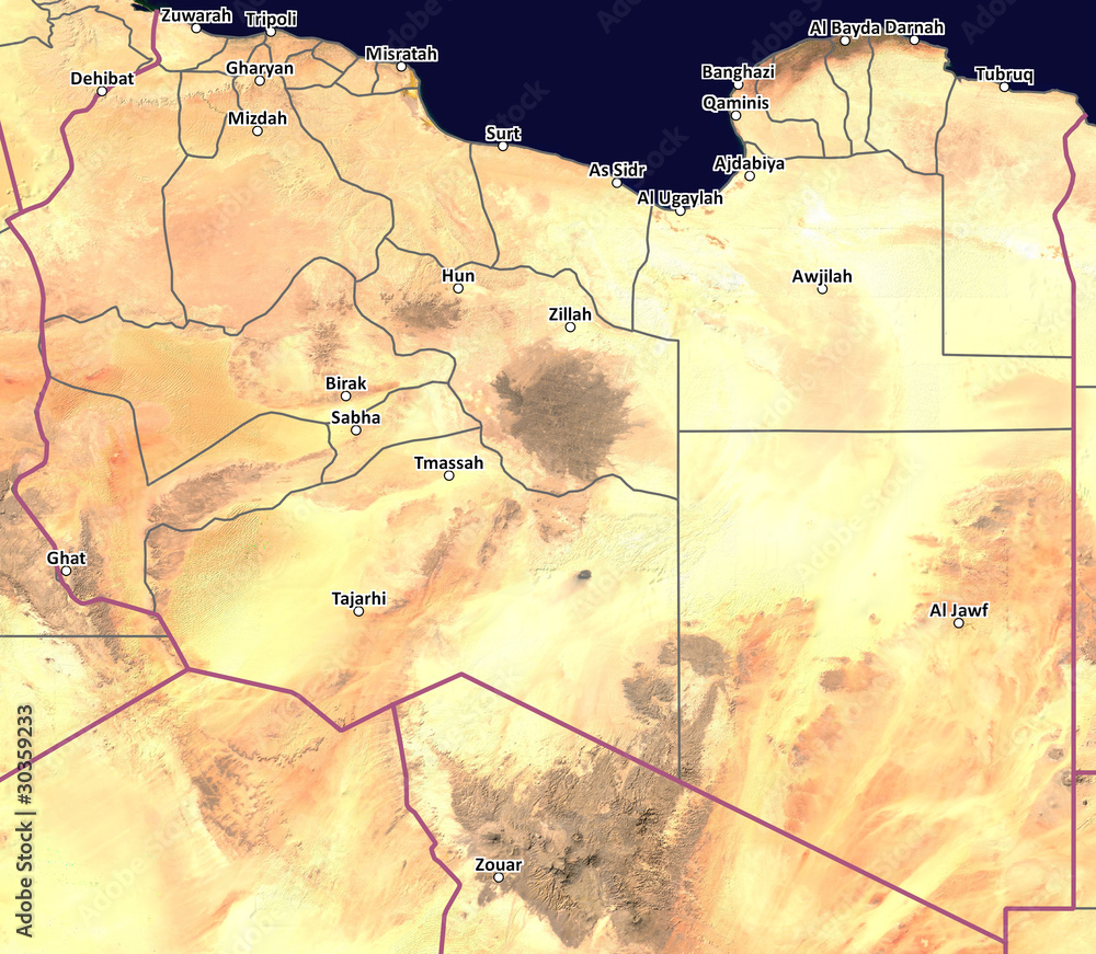 Satellite map of Libya with cities and province outlines Stock ...