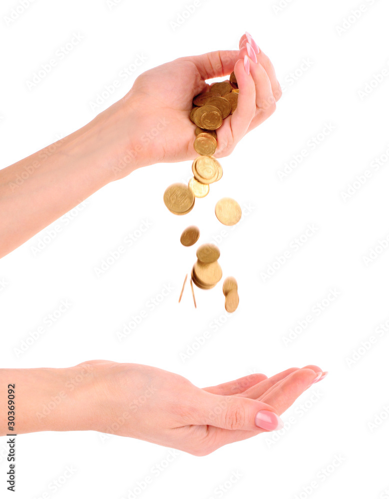 Hand and falling coins isolated on white background Stock Photo | Adobe ...