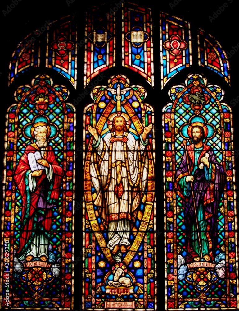 Stained Glass Window of Jesus, Moses, and Elijah Stock-Foto | Adobe Stock