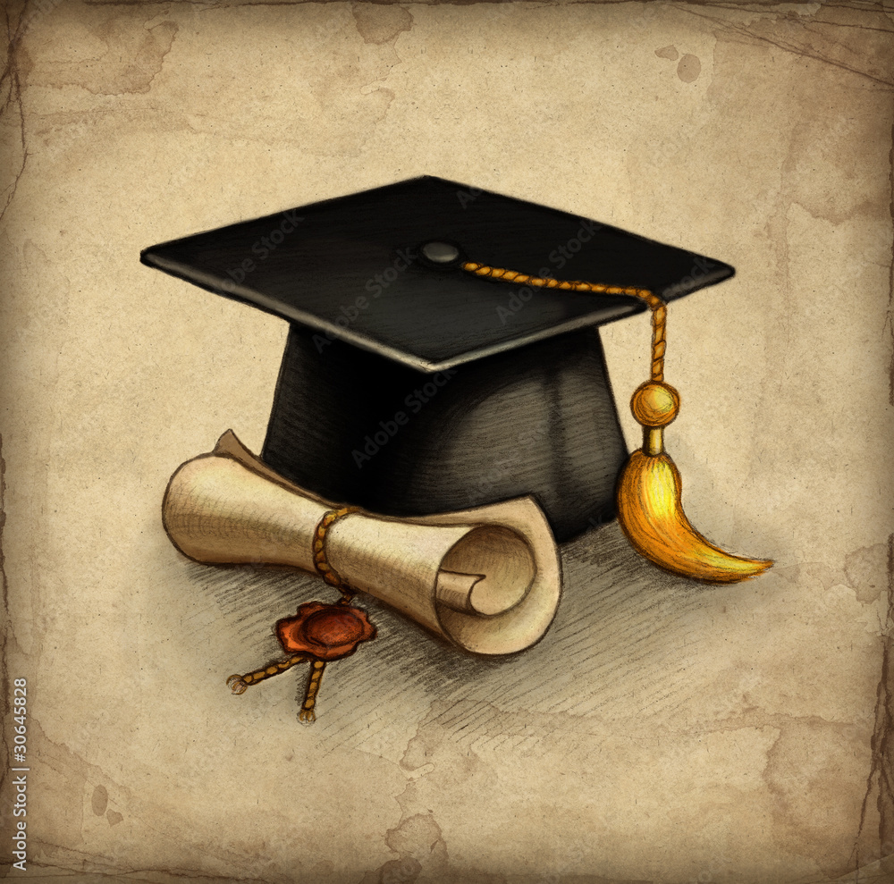 Old paper with drawing of graduation cap and diploma Stock Illustration ...
