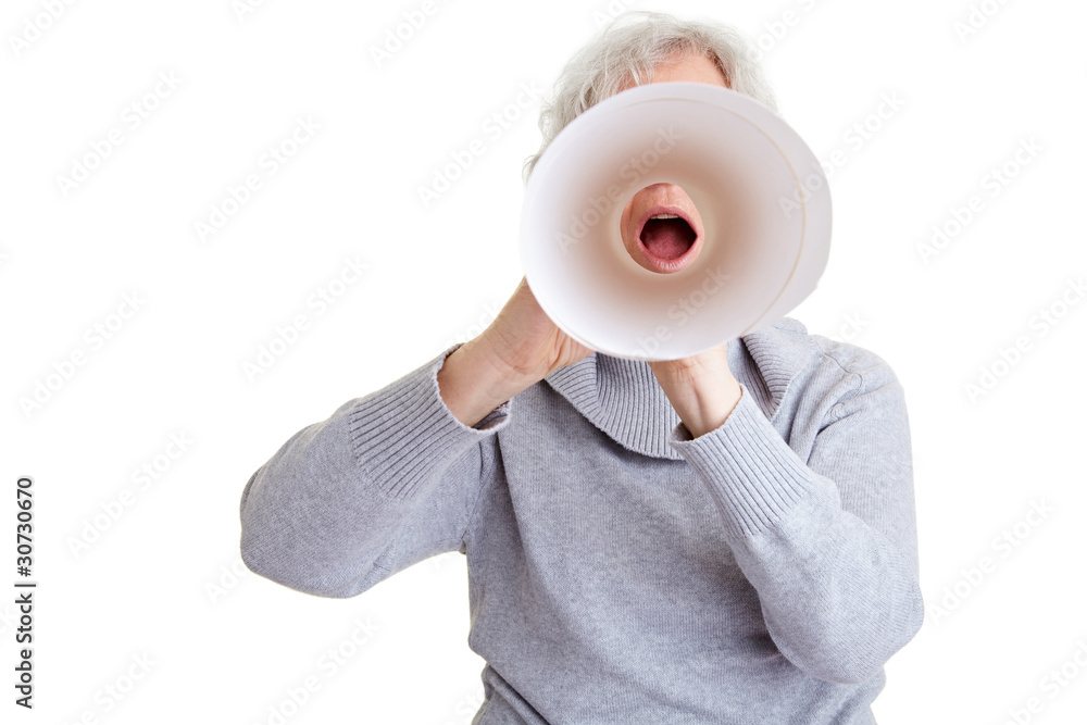 Seniorin benutzt ein Sprachrohr Stock Photo | Adobe Stock
