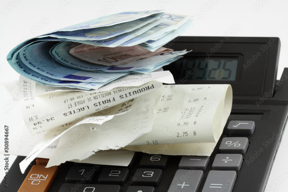 tickets de caisse, argent, billets, calculette... C'est la crise Stock ...