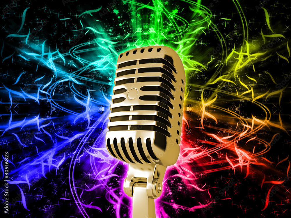 Golden Microphone on rainbow background Stock Illustration | Adobe Stock