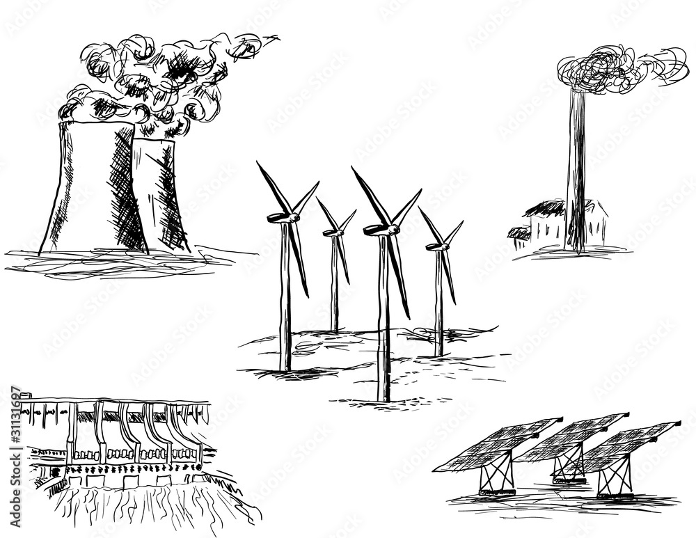 hand drawn sketch of five power stations Stock Illustration | Adobe Stock