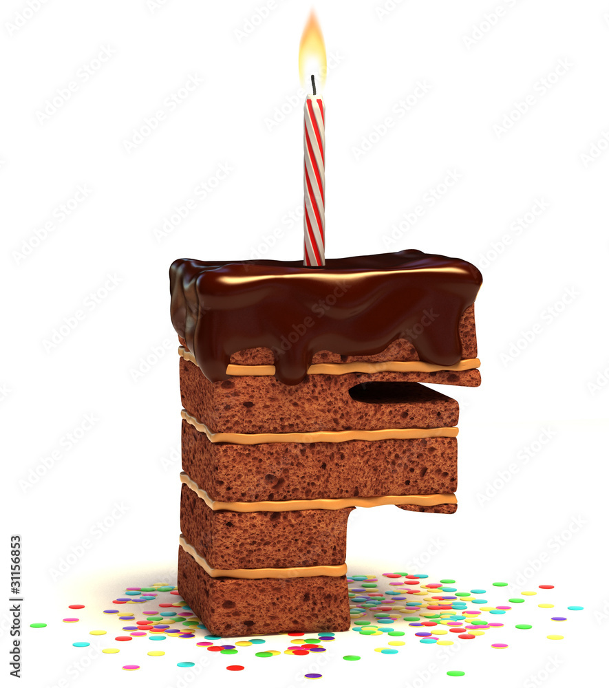 letter F shaped chocolate birthday cake with lit candle Stock ...