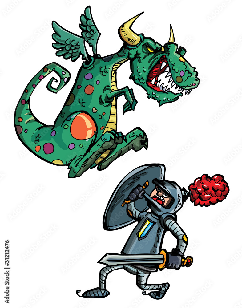 Cartoon of dragon attacking a knight Stock Vector | Adobe Stock