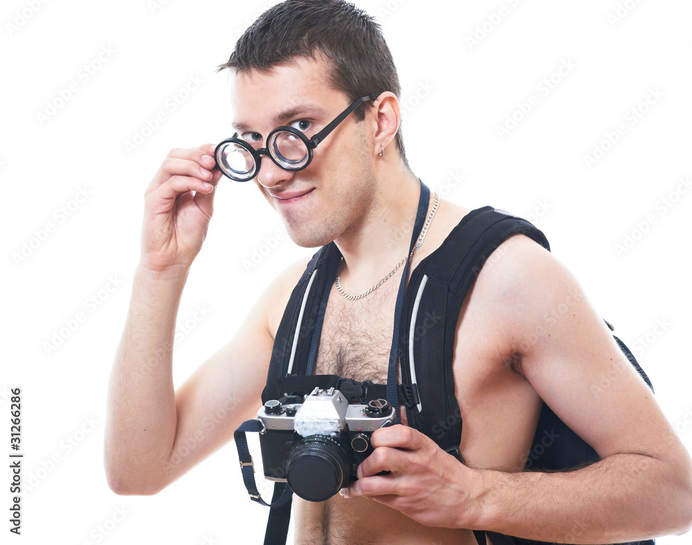 Portrait of a young nerd with old fashioned camera Stock Photo | Adobe ...