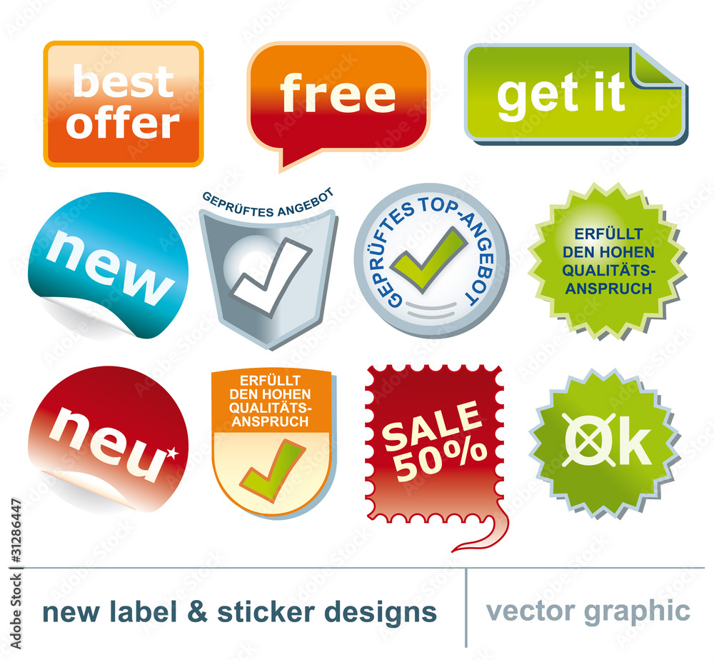 Kollektion von Labeln, Siegeln, Buttons und Stickern - ein Set für die ...