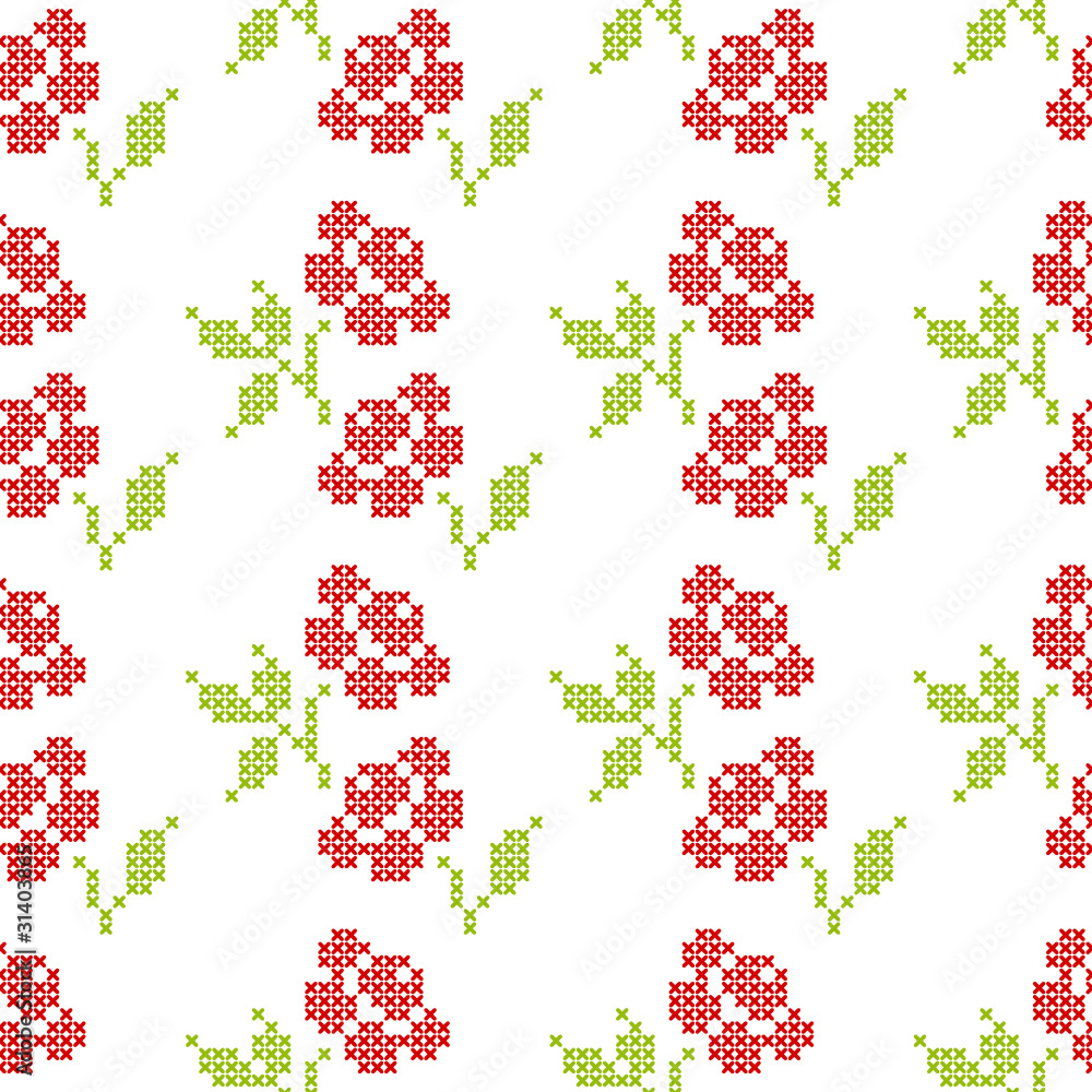 Seamless Pattern Stitch Flower Red/Green Stock Vector | Adobe Stock