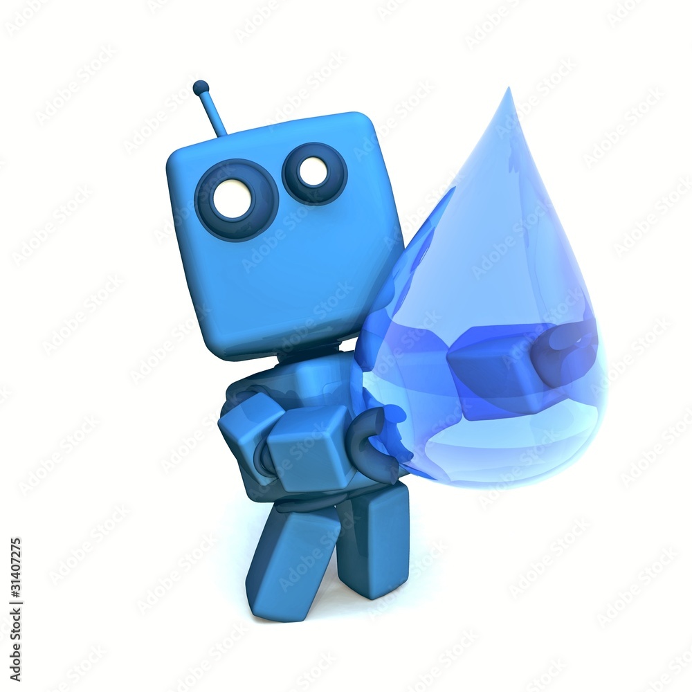 3D Blue Robot with Huge Transparent Water Drop Stock Illustration ...