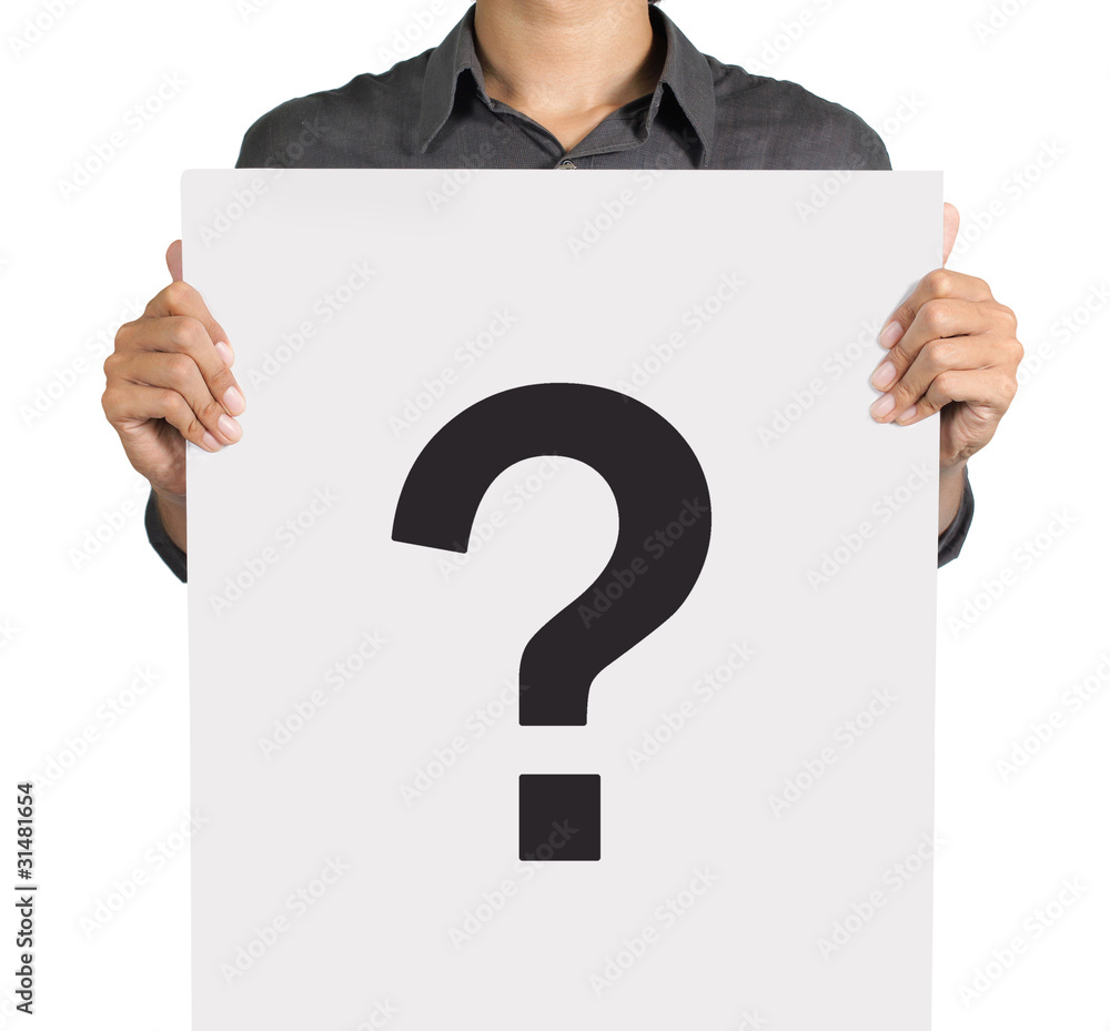 young man and question mark on white board Stock Photo | Adobe Stock