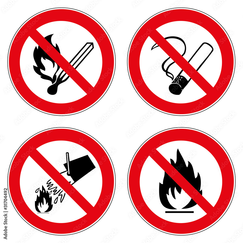 Verbotszeichen Set Rauchen Feuer Wasser löschen Verboten Stock Vector ...