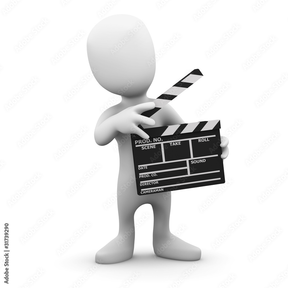 3d Little man with clapperboard on the film set, action! Stock ...