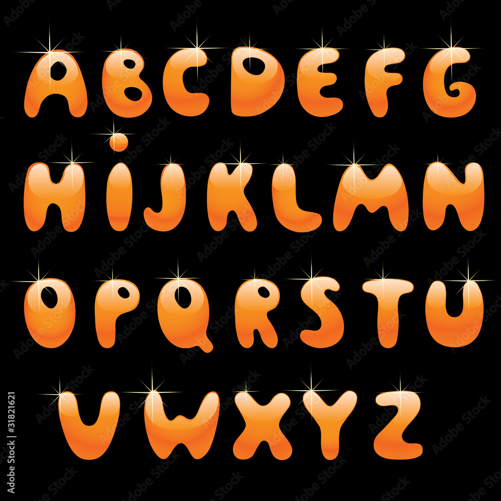 Glossy orange alphabet on black background Stock-Vektorgrafik | Adobe Stock