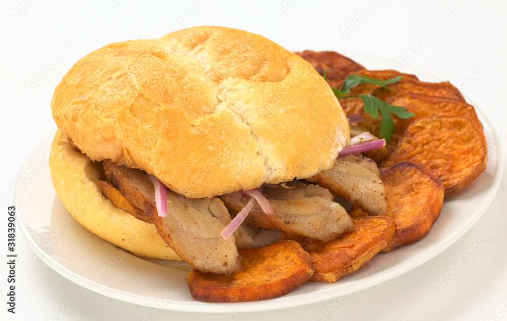Peruvian sandwich called Pan con Chicharron Stock Photo | Adobe Stock