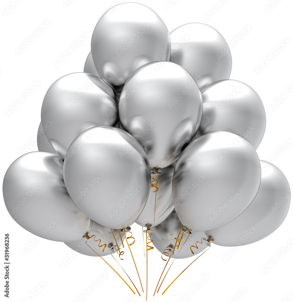 Party silver balloons. Modern birthday holiday white decoration Stock ...
