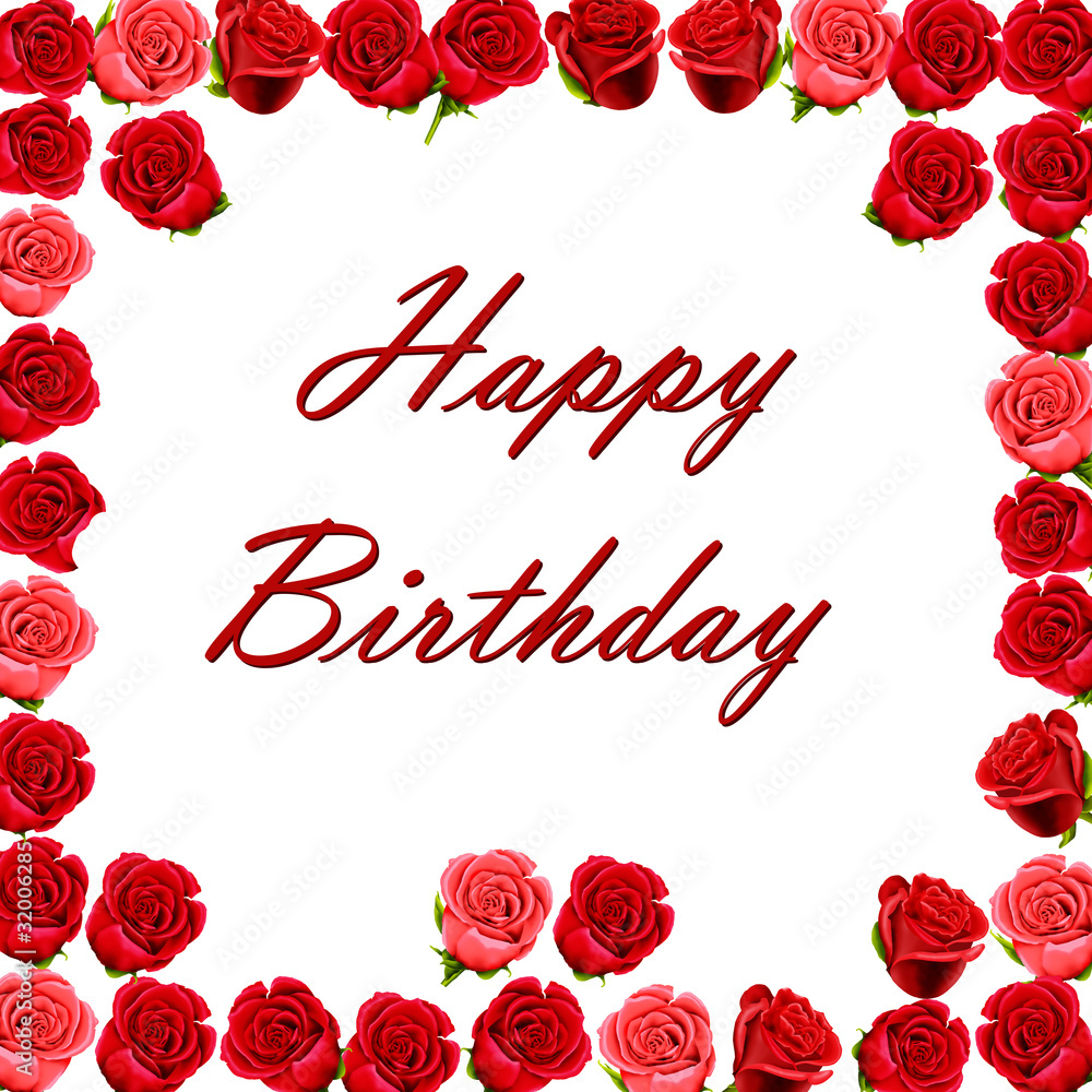 Happy Birthday with a border of red roses Stock Illustration | Adobe Stock