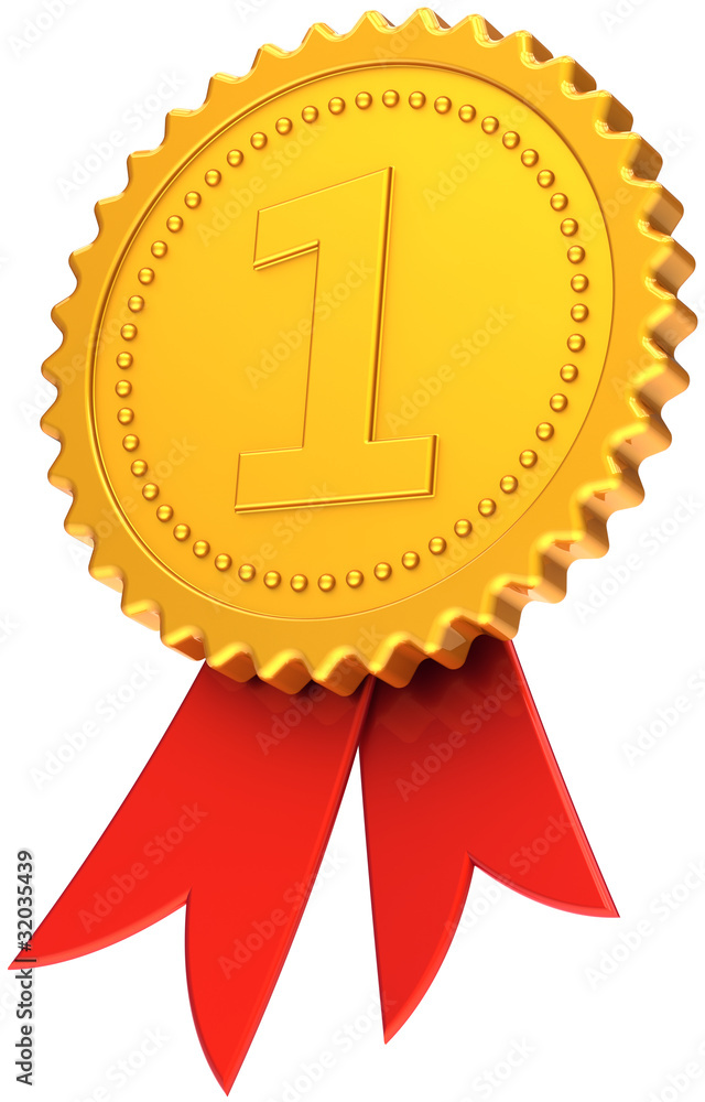 Award ribbon first place golden with red. Number one medal Stock Photo ...