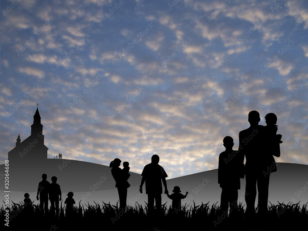 young people with children going to church Stock Illustration | Adobe Stock