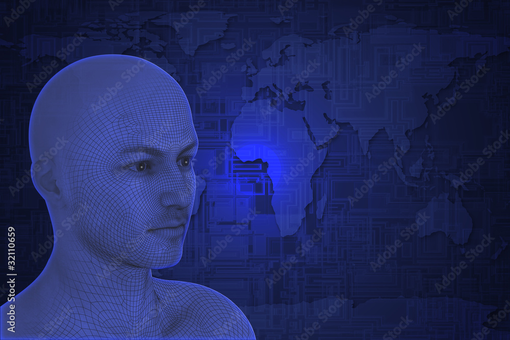 Human head on world map tech background. Stock Illustration | Adobe Stock