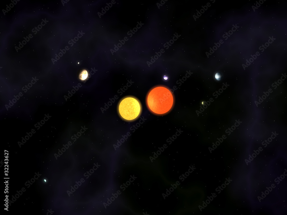 Solar system with a binary star and five planets in space Stock ...