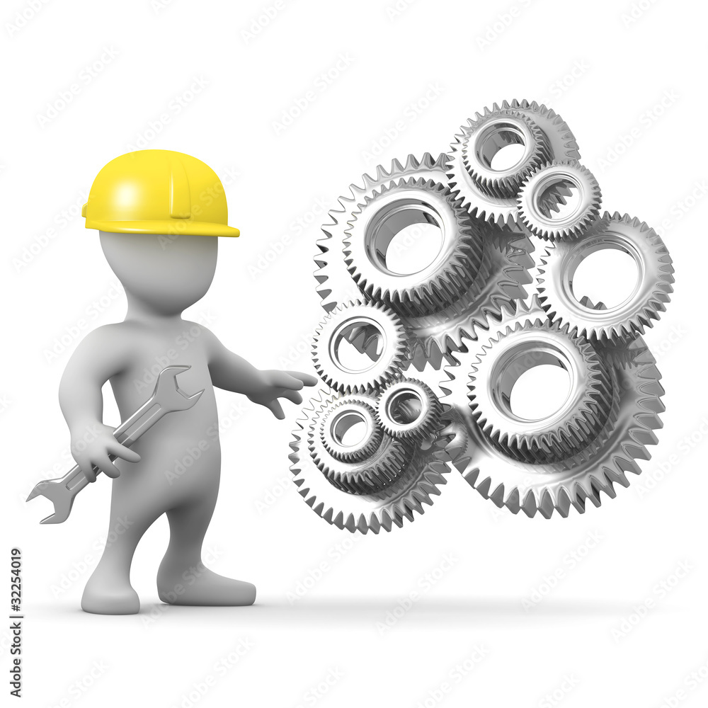 3d Little man repairs the machine Stock Illustration | Adobe Stock