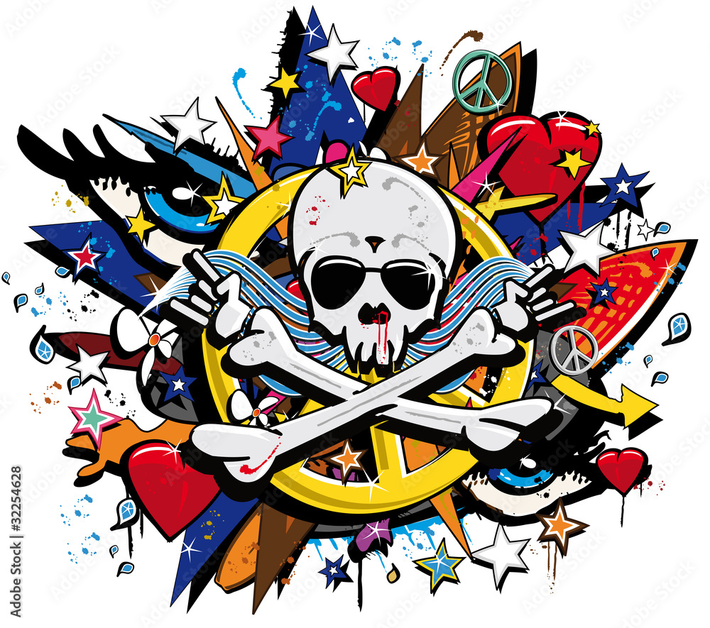 Graffiti Skull and Bones skeletonl pop art illustration Stock ...