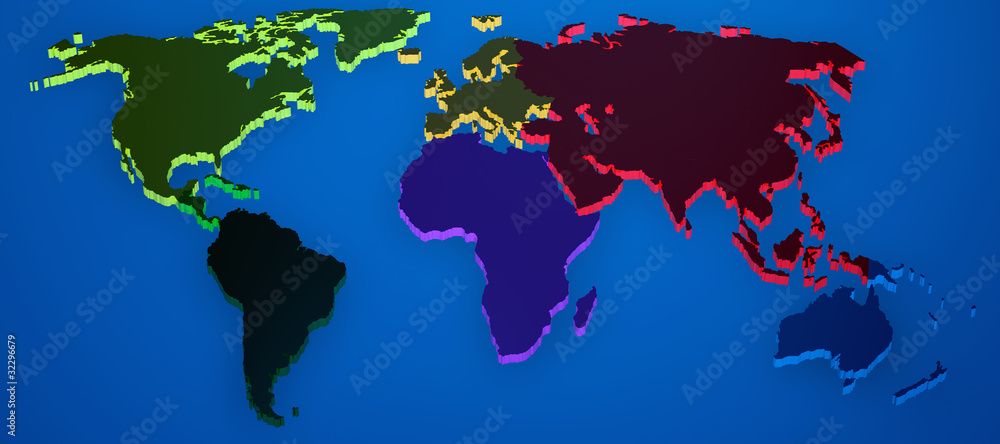 World map render 3D with continents separated Stock Illustration ...