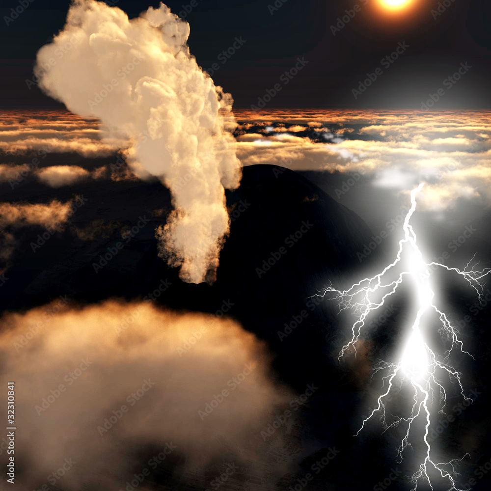 Volcanic eruption with huge lightning Stock Illustration | Adobe Stock