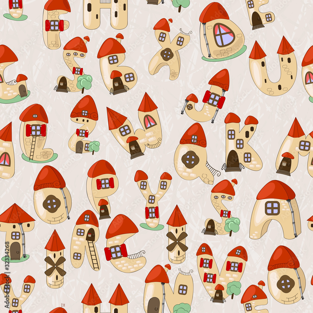 seamless cartoon latin alphabet consists of houses, all letters, Stock ...
