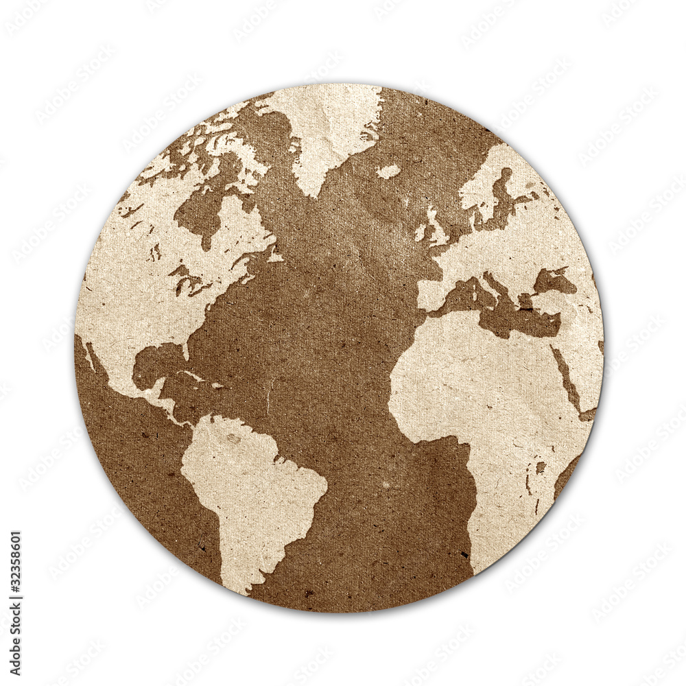 world map recycled paper craft stick on white background Stock ...