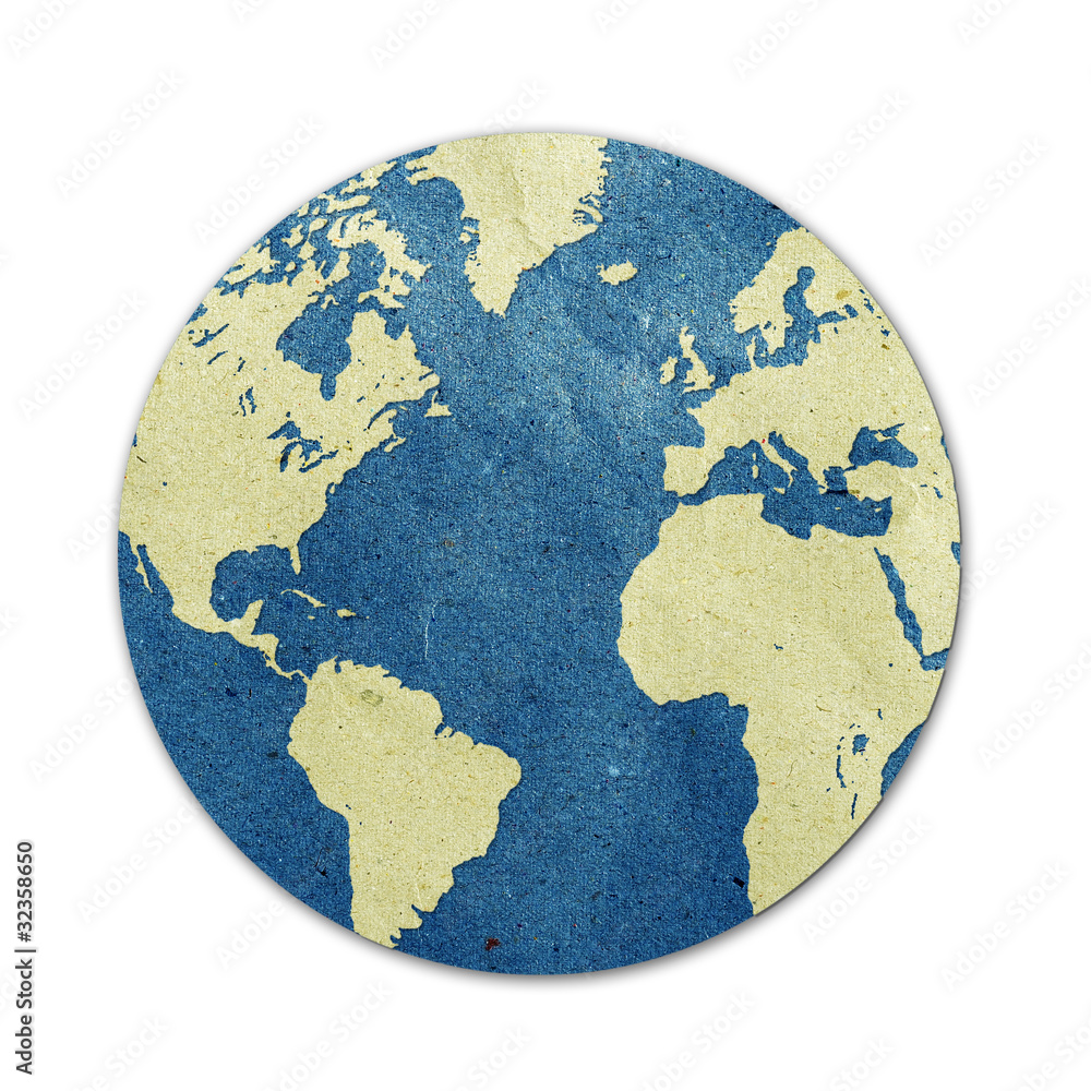 world map recycled paper craft stick on white background Stock ...