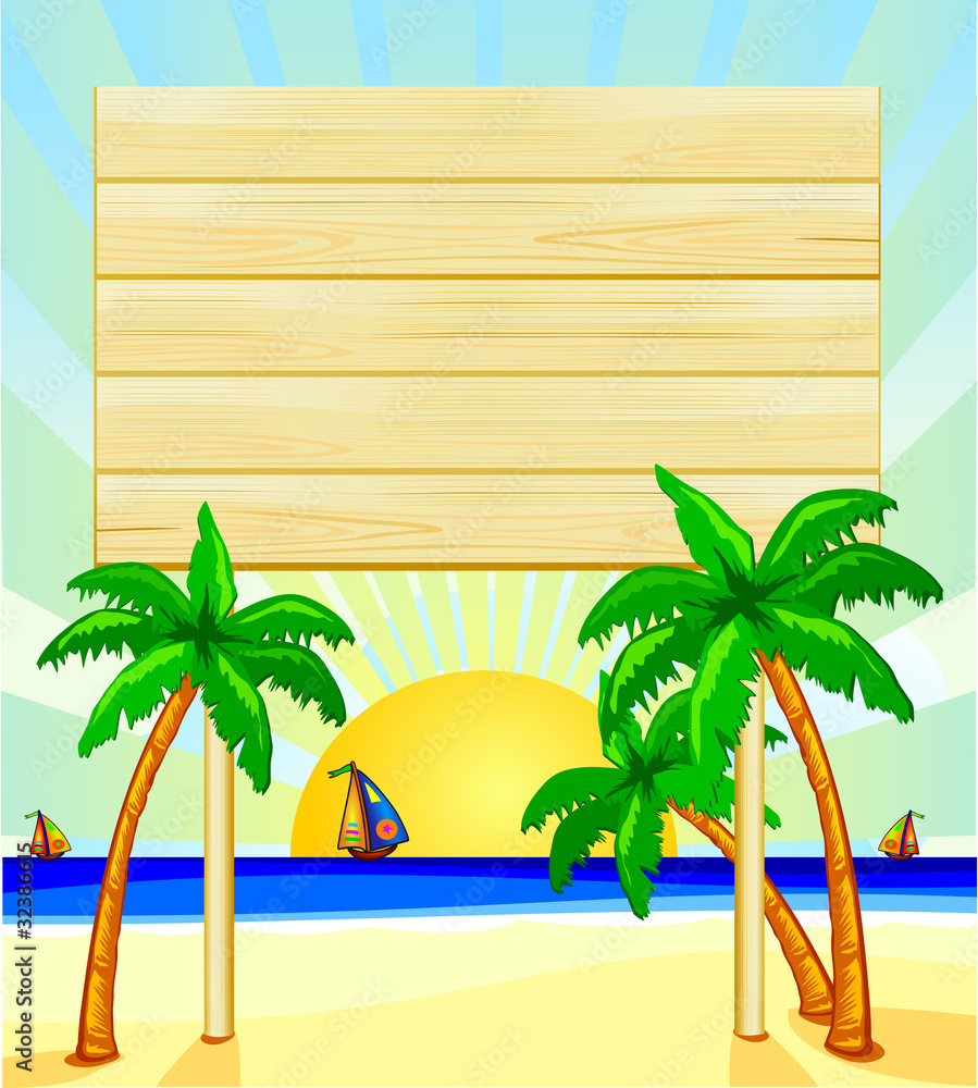 Vettoriale Stock Cartello di legno in spiaggia - Wooden sign on the ...