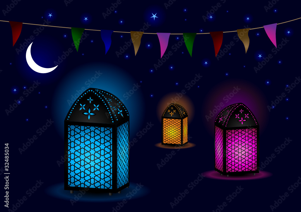 Beautiful Islamic Lamps with Crescent and Stars Stock Vector | Adobe Stock