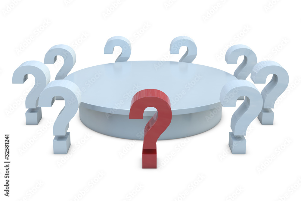 Round table with red and group of white question marks Stock ...
