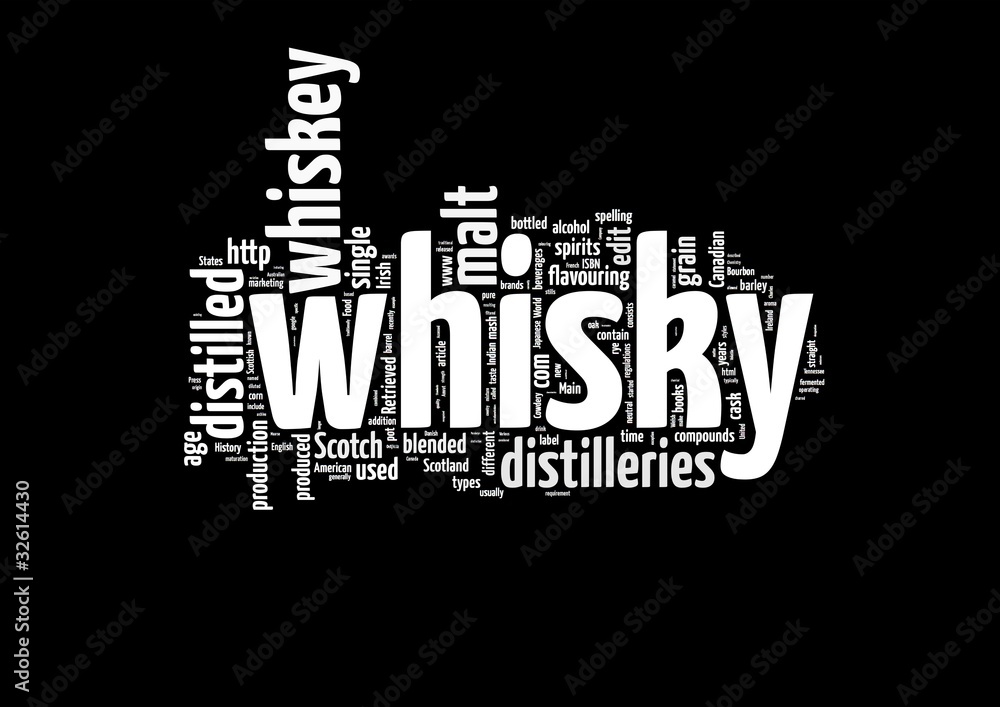 Whisky word collage isolated on black Stock Illustration | Adobe Stock