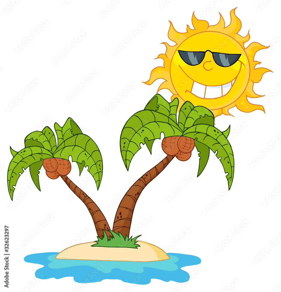 Cartoon Island With Two Palm Tree And Sun Stock Vector | Adobe Stock