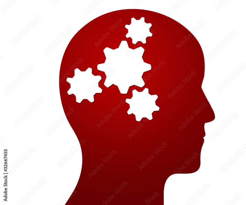 Profile of a head containing cogs illustrating a thought process Stock ...