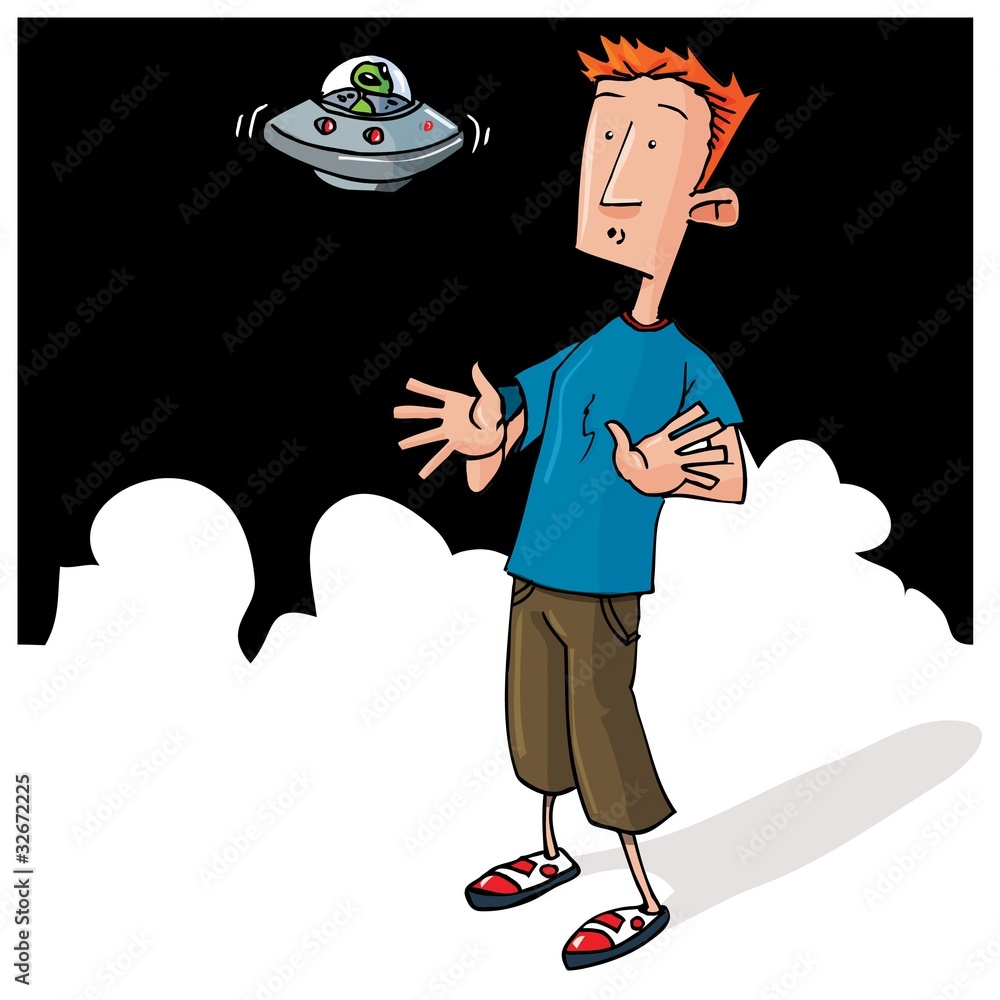 Cartoon Alien encounter with small UFO Stock Vector | Adobe Stock