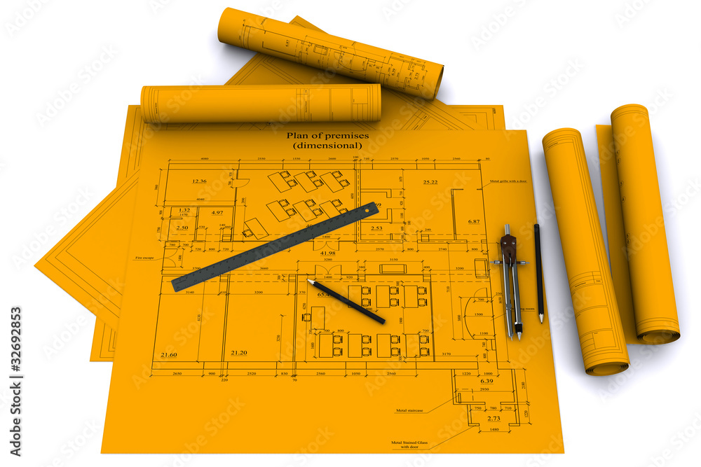 compass, ruler and pencil on orange architectural drawings Stock ...