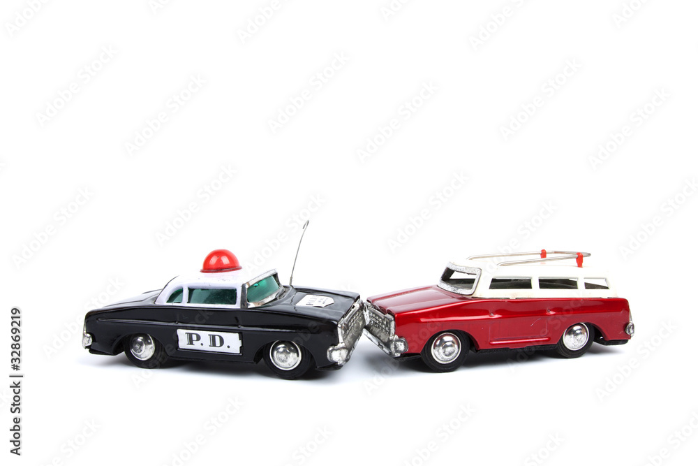 toy car crash, A police car and a red car accident display. Stock Photo ...