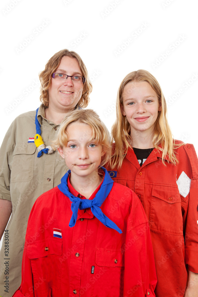 Three Dutch scout girls over white background Stock Photo | Adobe Stock