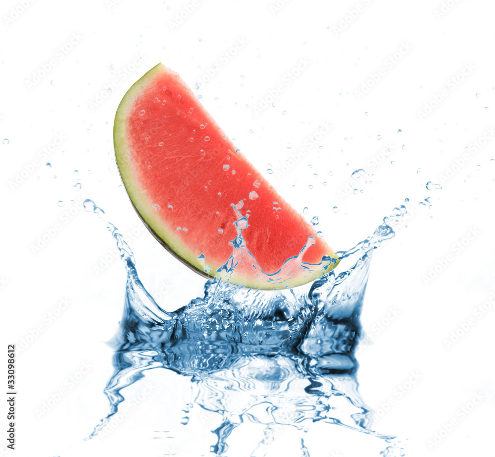 Water melon dropped into water splash on white Stock Photo | Adobe Stock