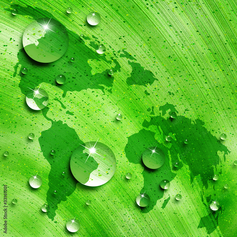 Map of the world background of water drops on green leaf Stock ...