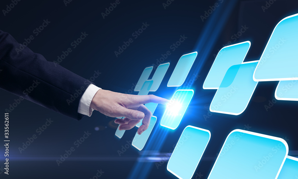 hand pushing a button on a touch screen interface Stock Photo | Adobe Stock