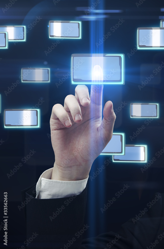 hand pushing a button on a touch screen interface Stock Photo | Adobe Stock